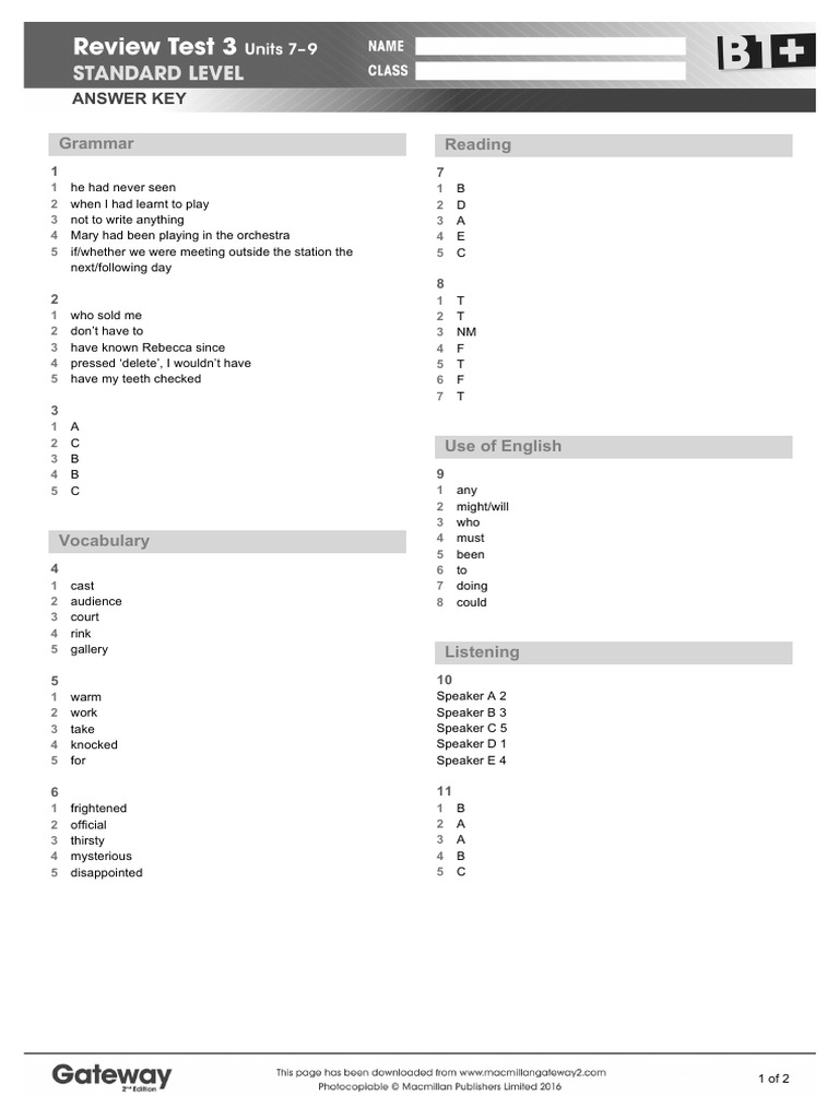 B1PLUS Review Test 3 Answer Key Standard | PDF