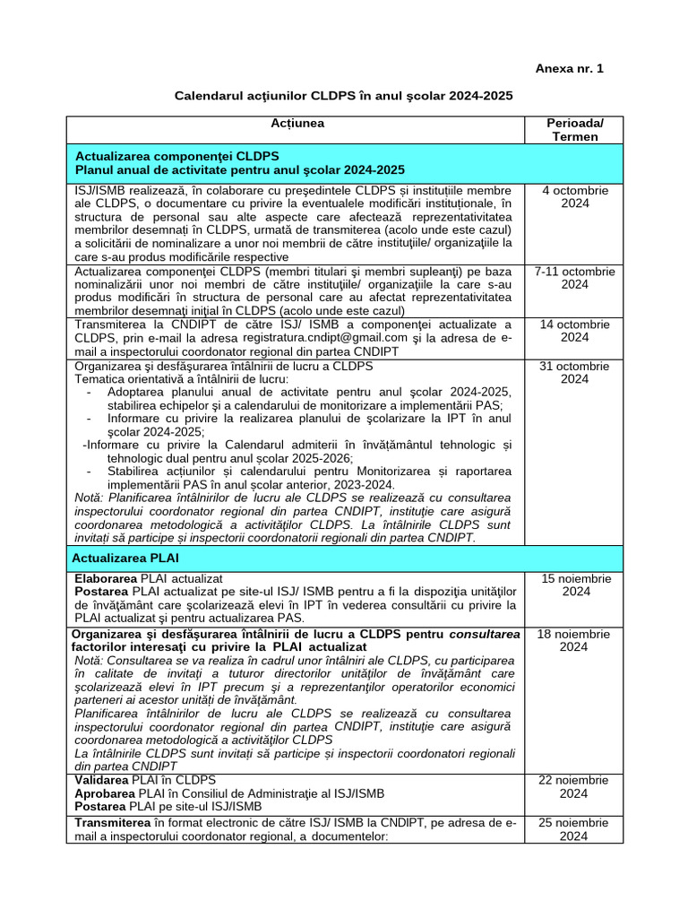 Anexa 1_Calendar Activitati CLDPS 2024-2025 | PDF