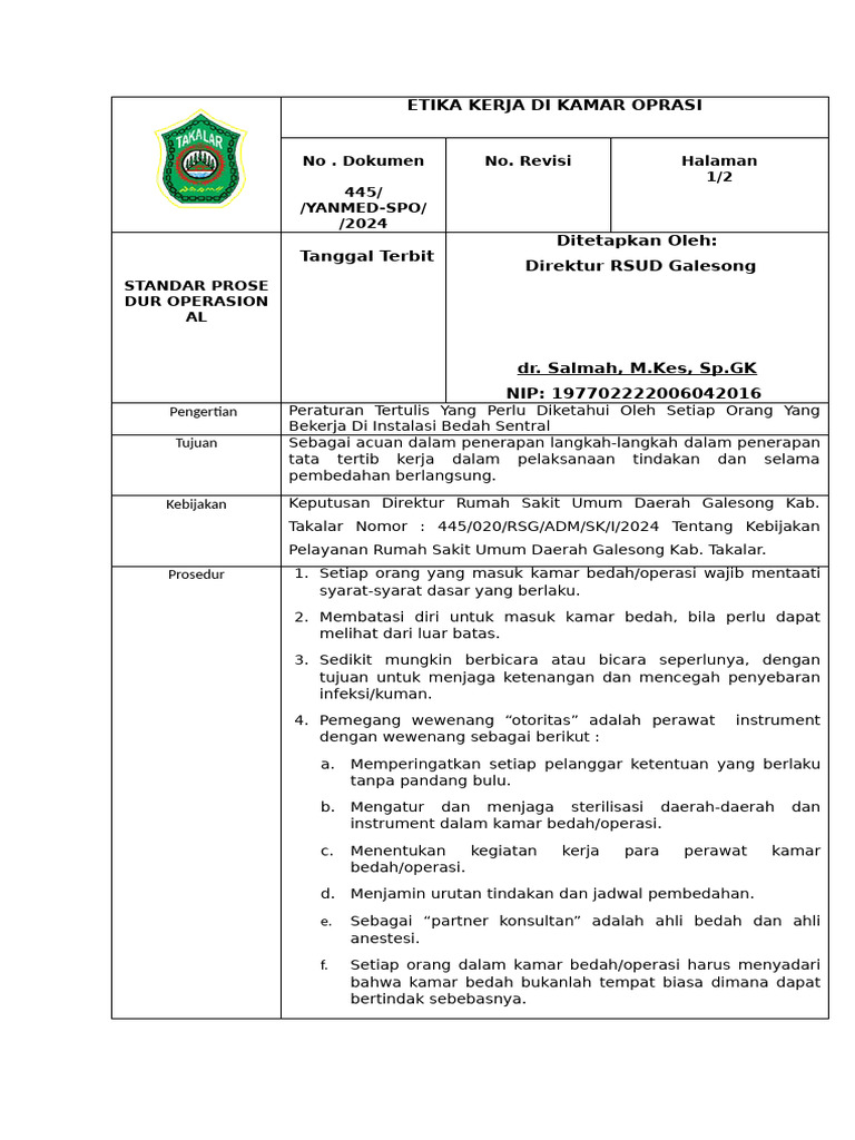 Etika Kerja Di Kamar Oprasi | PDF