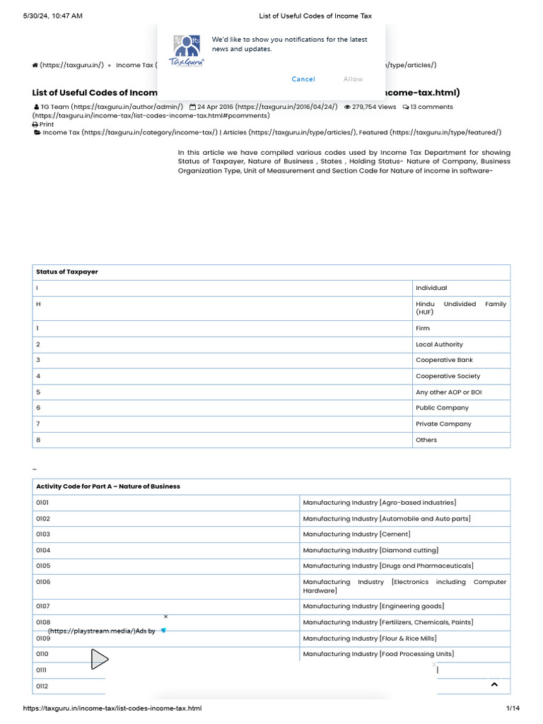 List of Useful Codes of Income Tax | PDF