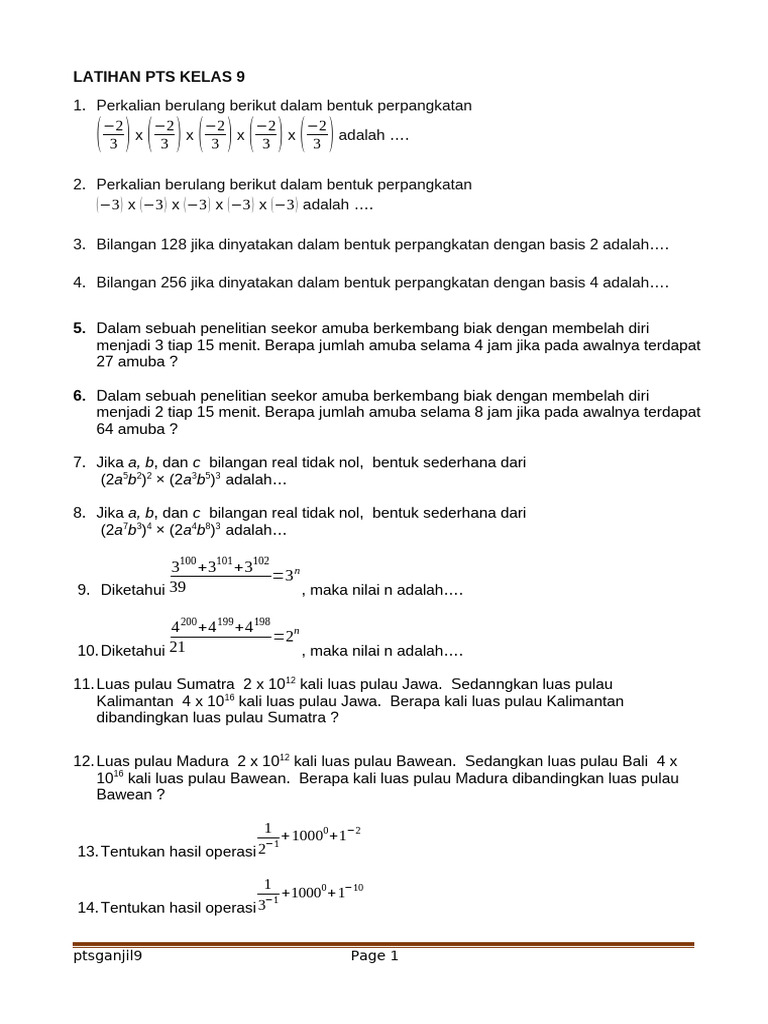 MTK Latihan PTS Kelas 9 | PDF