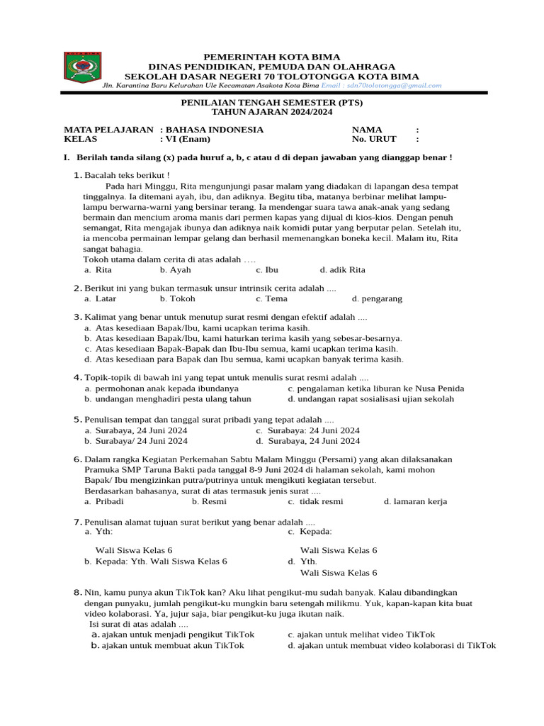Soal PTS - STS Bahasa Indonesia Kelas 6 Semester 1 Kurikulum Merdeka | PDF | Griya & Taman