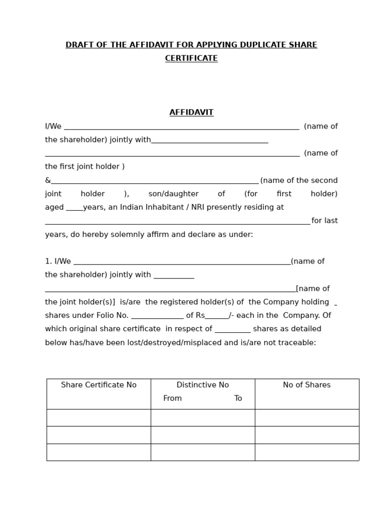 Draft Document For Duplicate Share Certificate | PDF