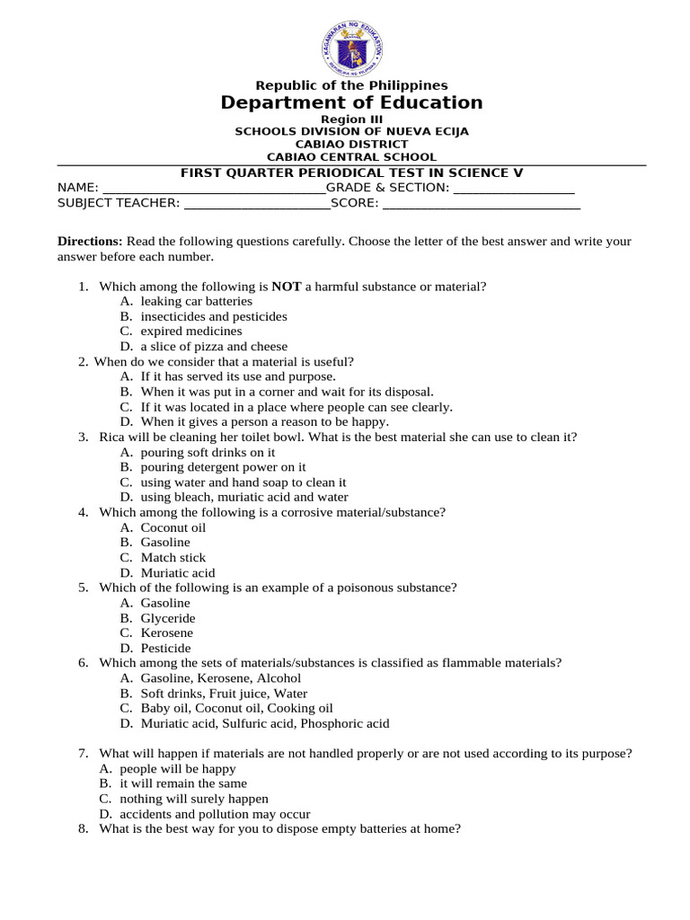 G5 Science Q1 Periodical Test | PDF