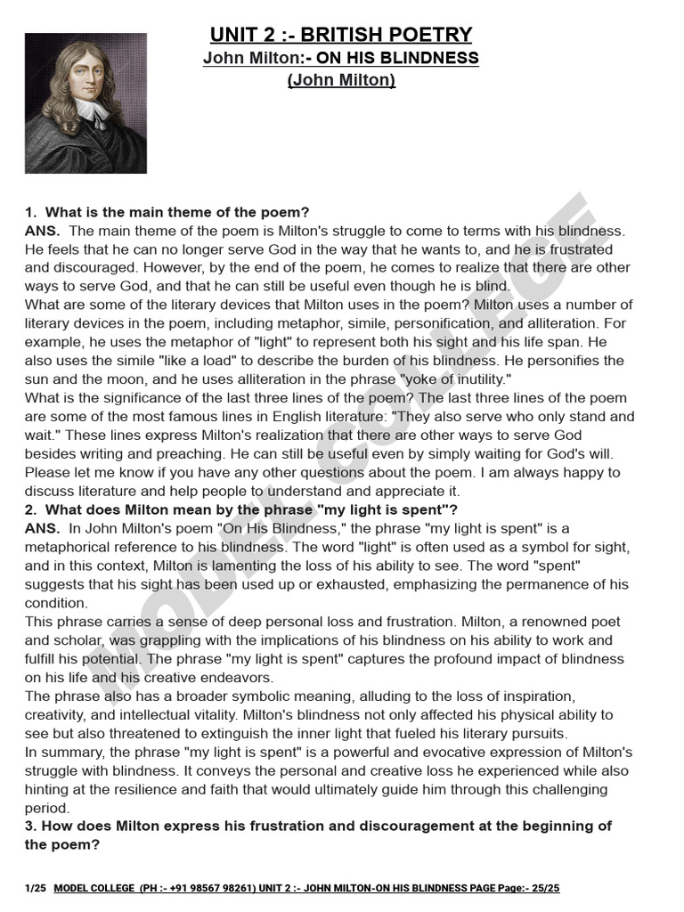 Milton - On His Blindness | PDF