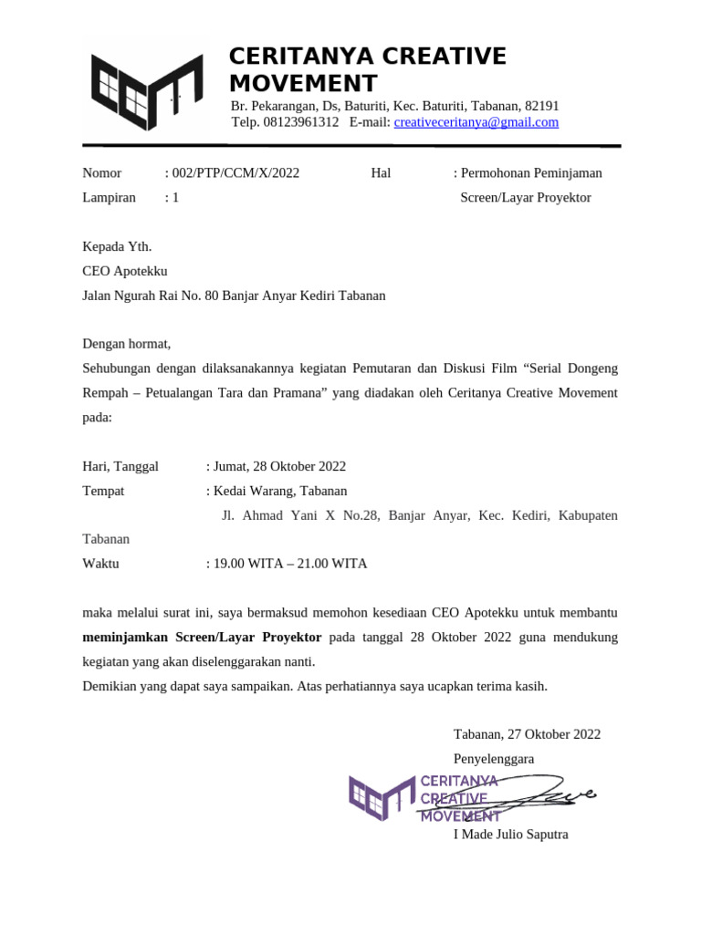SURAT PEMINJAMAN LAYAR PROYEKTOR | PDF