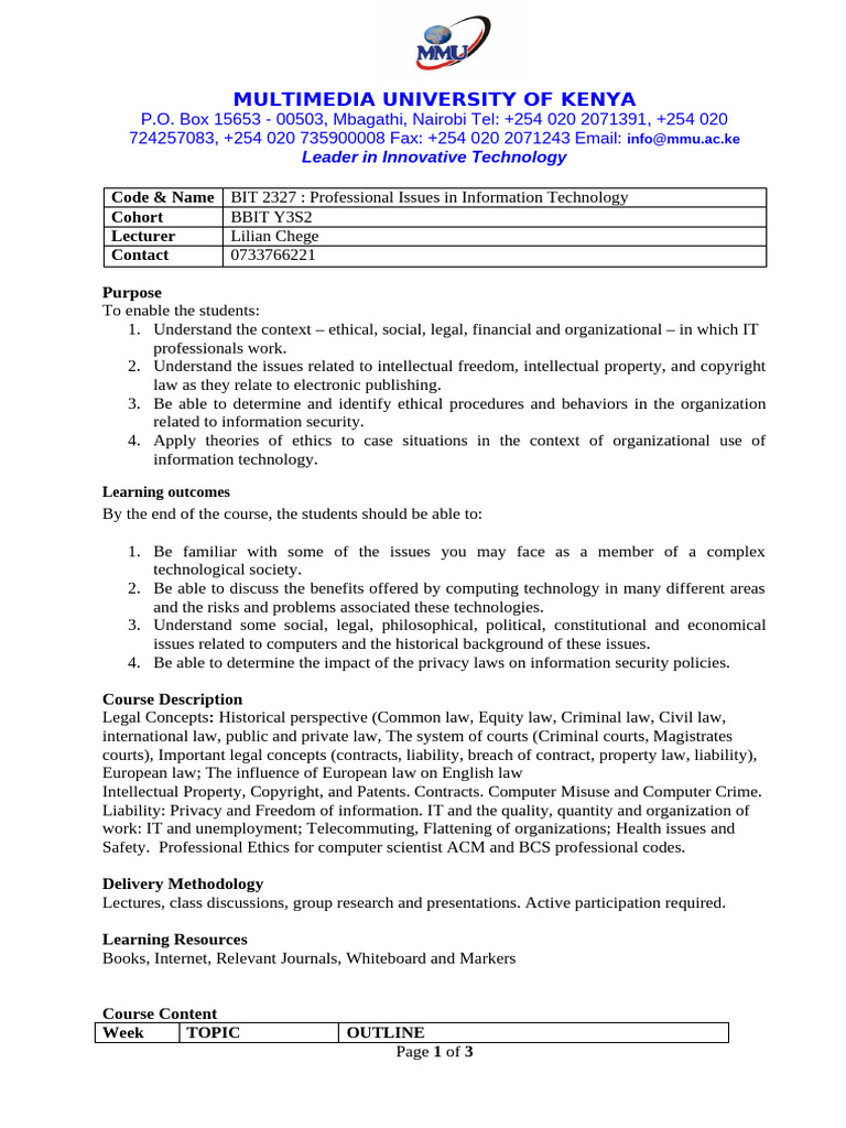 1. BIT 2327 PROFESSIONAL ISSUES IN IT COURSE OUTLINE | PDF