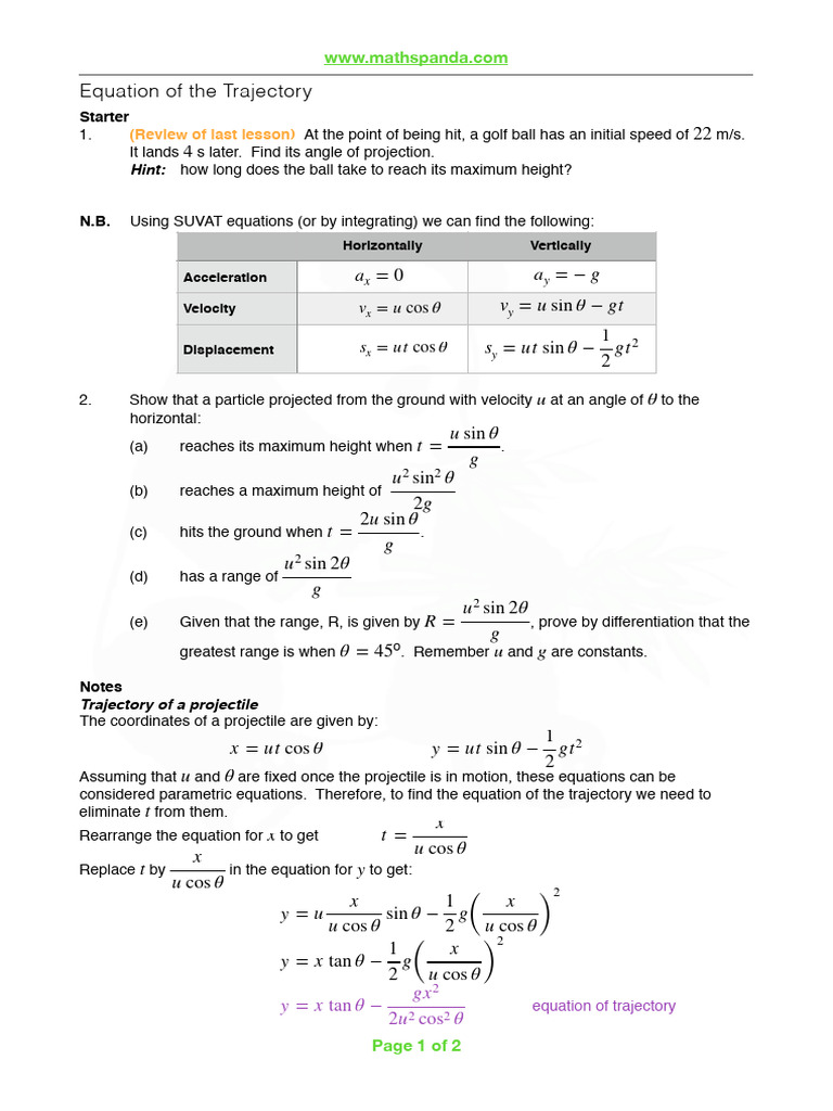 Equation of The Trajectory LESSON | PDF