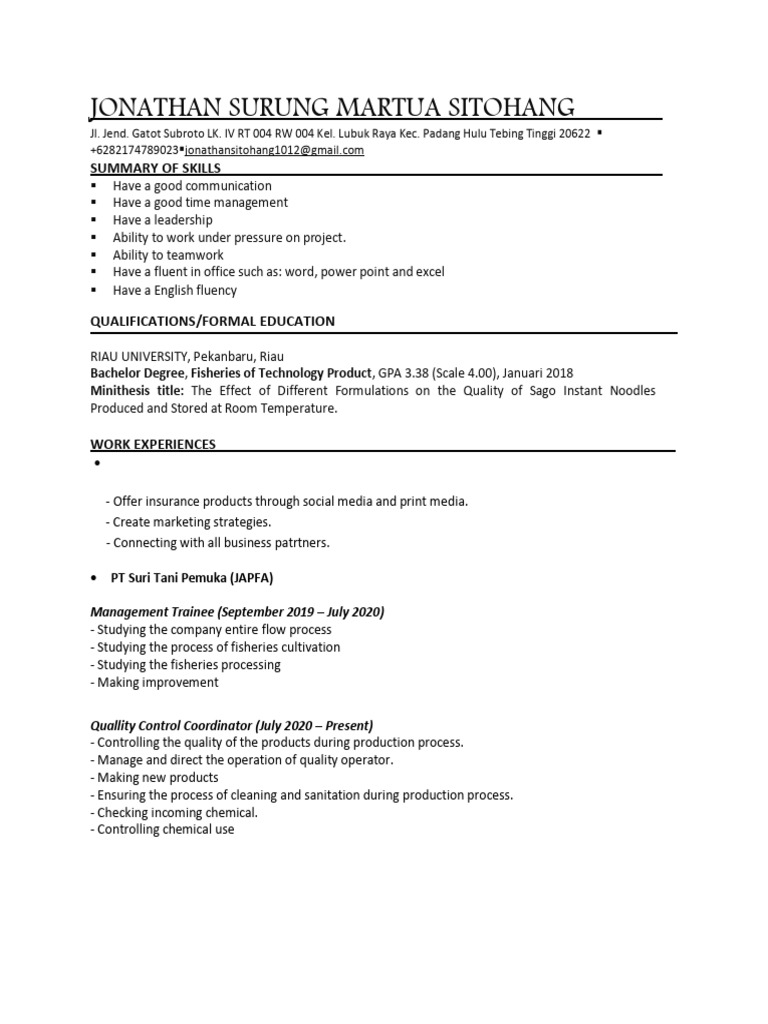 CV Jonathan Surung M Sitohang | PDF
