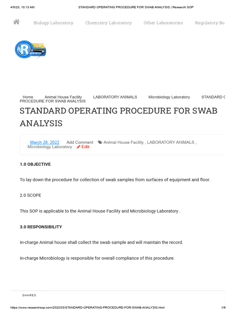 Standard Operating Procedure For Swab Analysis - Research Sop | PDF