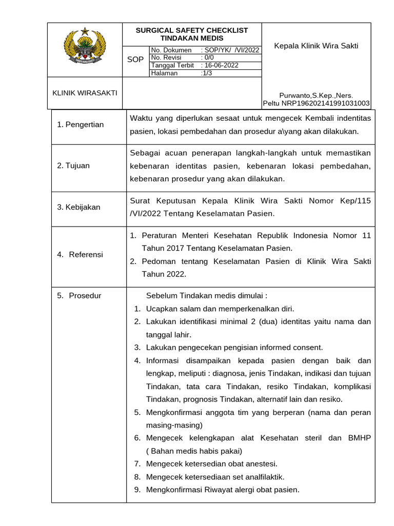 Sop Surgical Safety Checklist | PDF