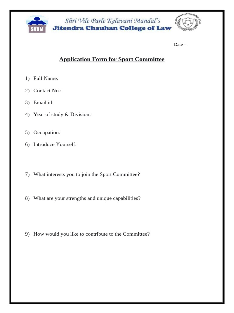 Application Form For Sport Committee | PDF