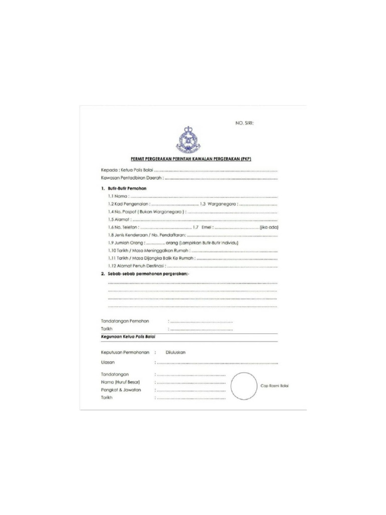 Borang Permit Pergerakan Perintah Kawalan Pergerakan (PKP) | PDF