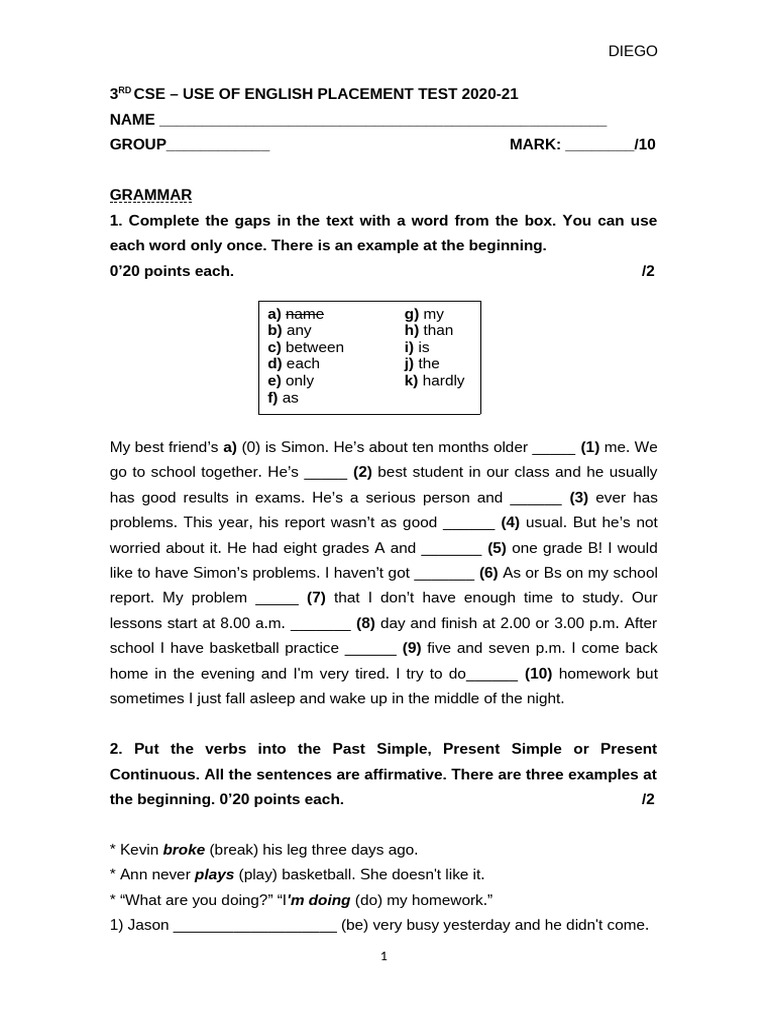 Use of English Placement Test | PDF