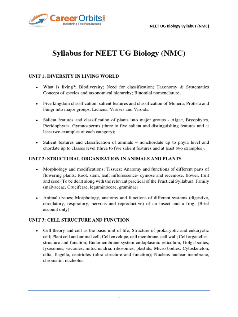 NEET 2025 Biology Revised Syllabus 1 PDF | PDF