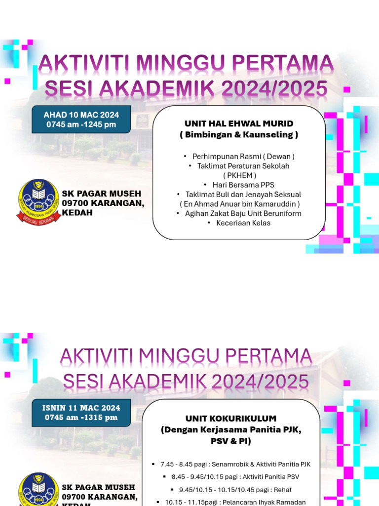 Aktiviti Persekolahan Minggu Pertama SKPM 2024 Ahad - Selasa | PDF