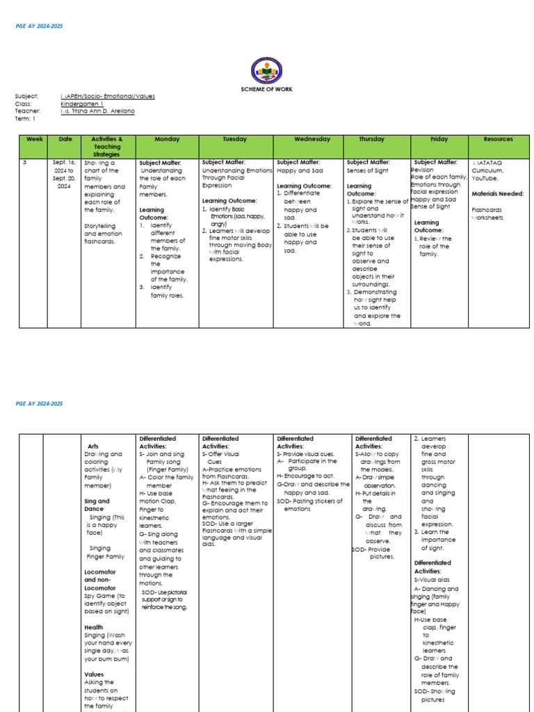 3rd Week PGE Scheme of Work Socio-Emotional, MAPEH, Values ...