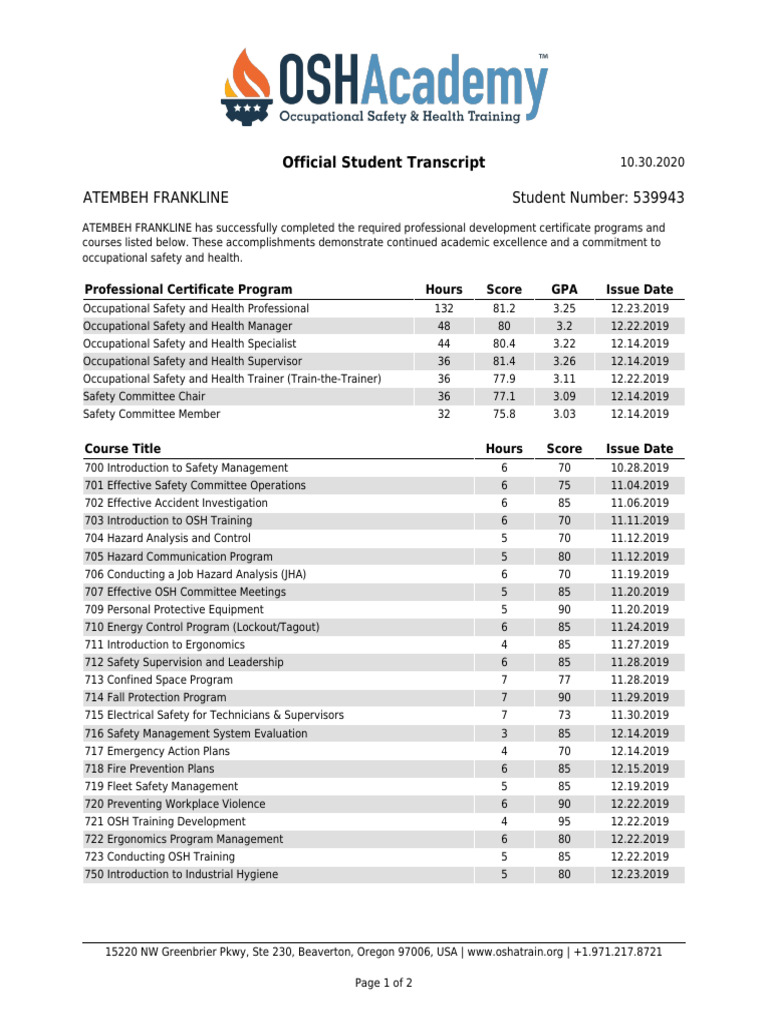 OSHAcademy Transcript | PDF