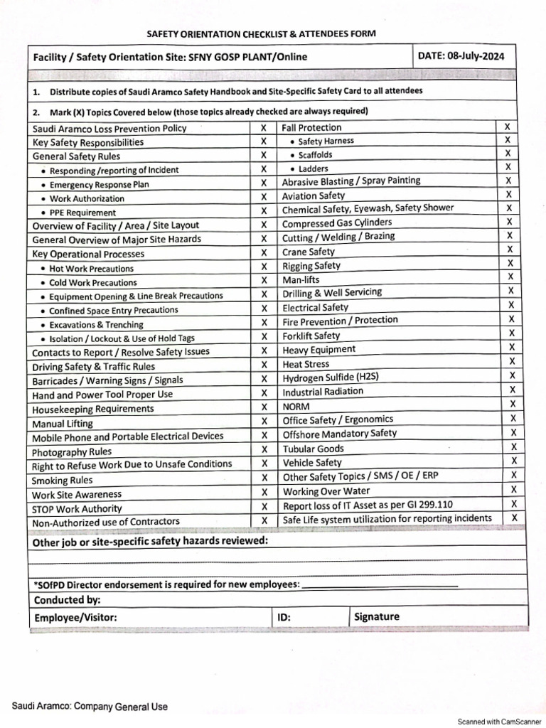 Safety orientation attendance Sheet | PDF