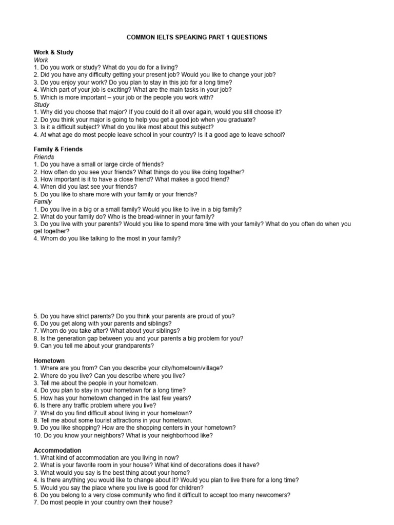 Common Ielts Speaking Part 1 Questions | PDF