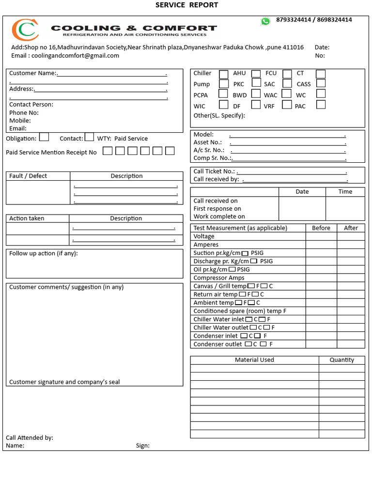 COOLING AND COMFORT SERVICE REPORT | PDF