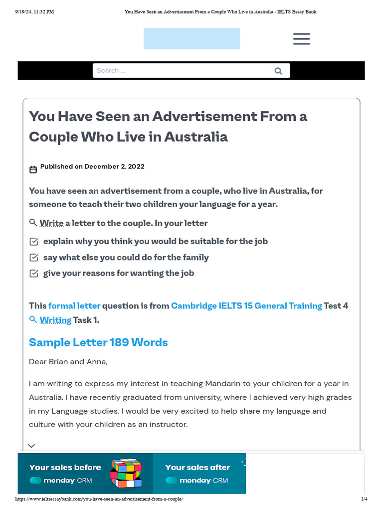You Have Seen An Advertisement From A Couple Who Live in Australia ...