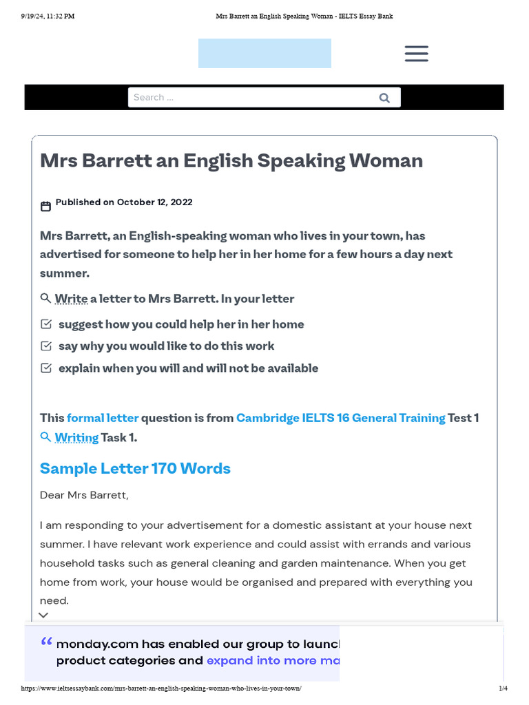 Mrs Barrett An English Speaking Woman - IELTS Essay Bank | PDF
