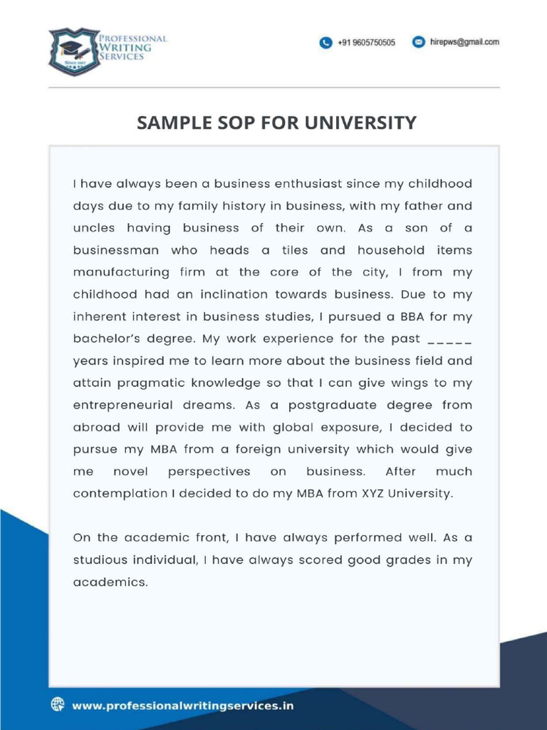 Sample Sop For University 1 | PDF