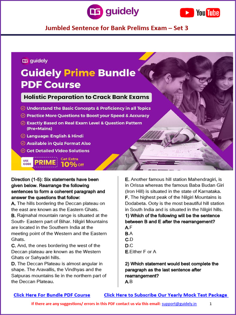 Jumbled Sentence Free PDF Set 3 For Bank Prelims Exam | PDF