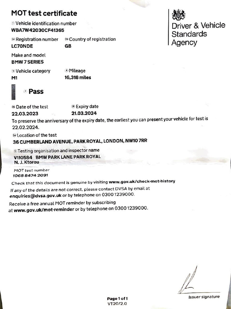 Driver Vehicle Standards Agency: MOT Test Certificate | PDF