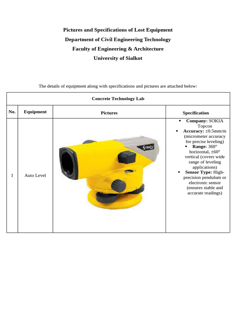 Pics & Specs Report of Lost Equipment | PDF