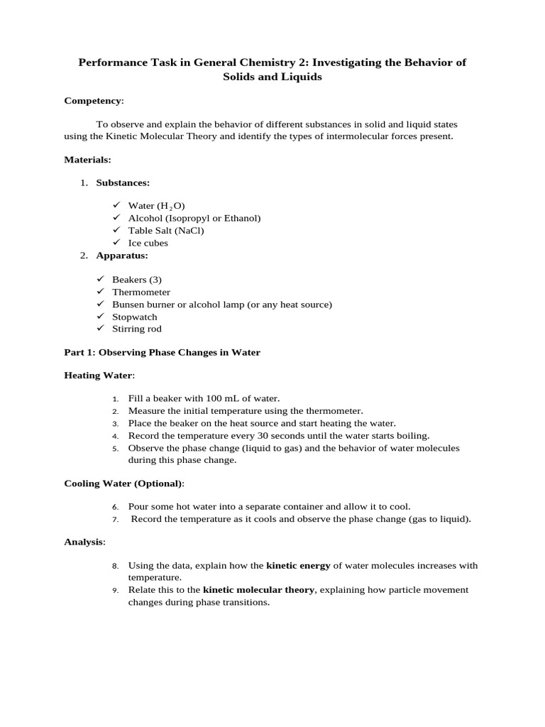 Performance Task in General Chemistry 2 Investigating The Behavior of ...