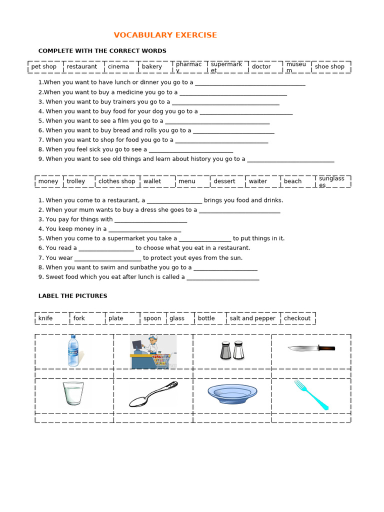 VOCABULARY EXERCISE - Shops & Restaurants | PDF