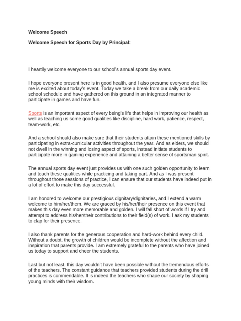 Welcome Speech For Sports Day by Principal For Students and Children in ...