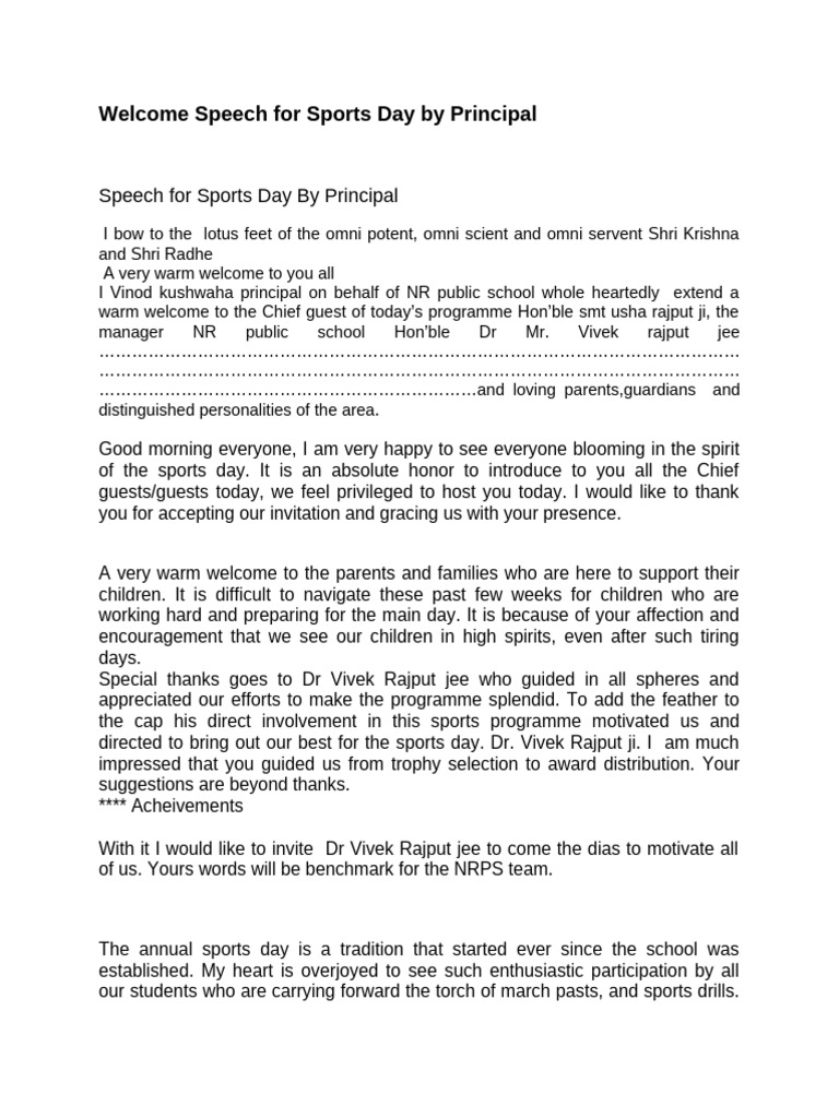 Welcome Speech For Sports Day by Principal in English | PDF