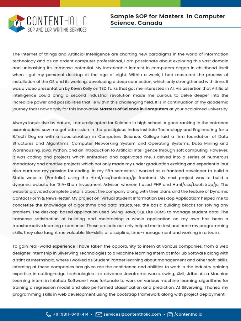 Sample SOP For Masters in Computer Science Canada | PDF