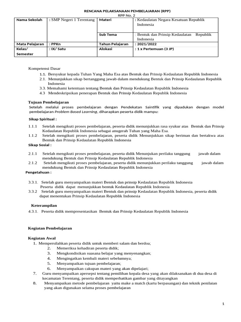 RPP Kelas IX PPKN WATIK 2 | PDF