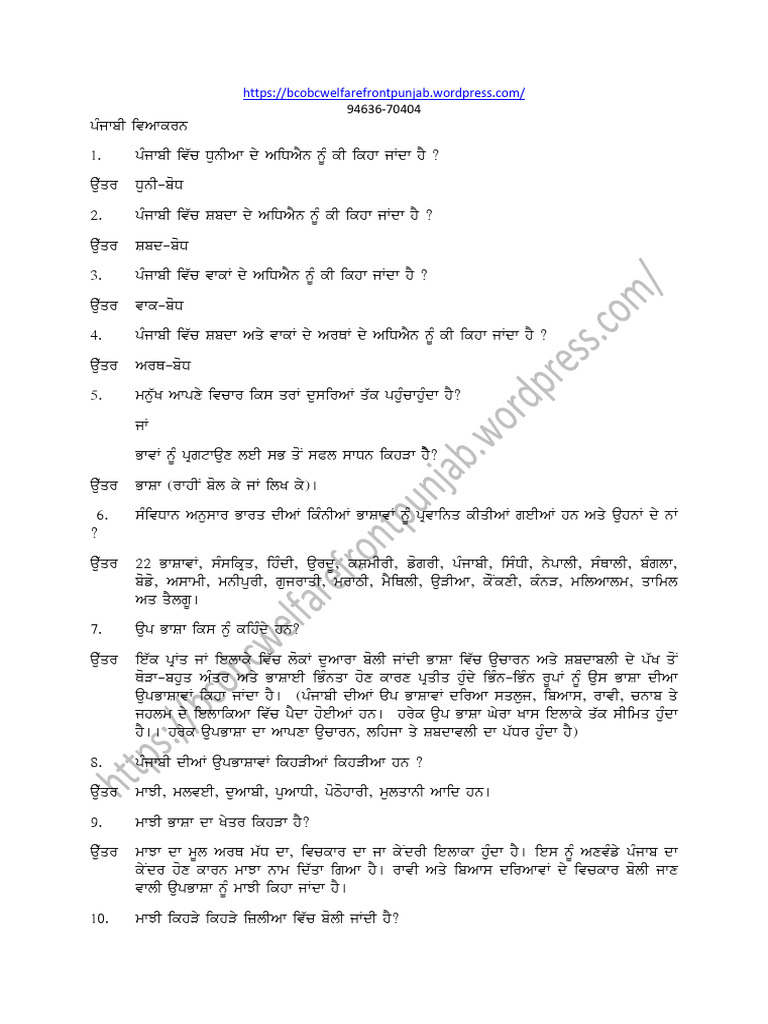 Punjab Grammer Question Answer | PDF