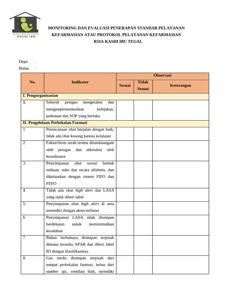 Form Monitoring Dan Evaluasi Penerapan Standar Pelayanan Farmasi | PDF