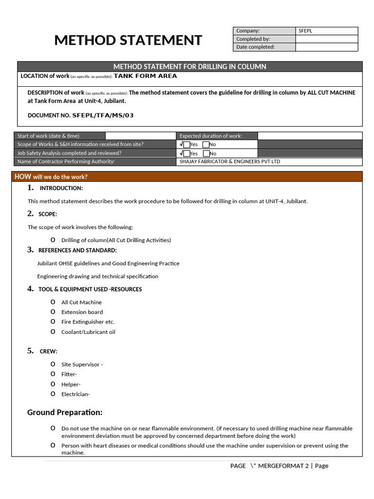 Method Statement for Column Drilling | PDF | Drilling | First Aid