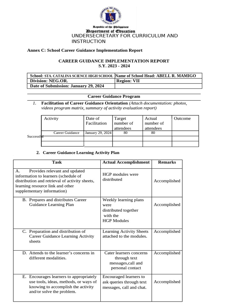 Accomplishment Report in Career Guidance | PDF