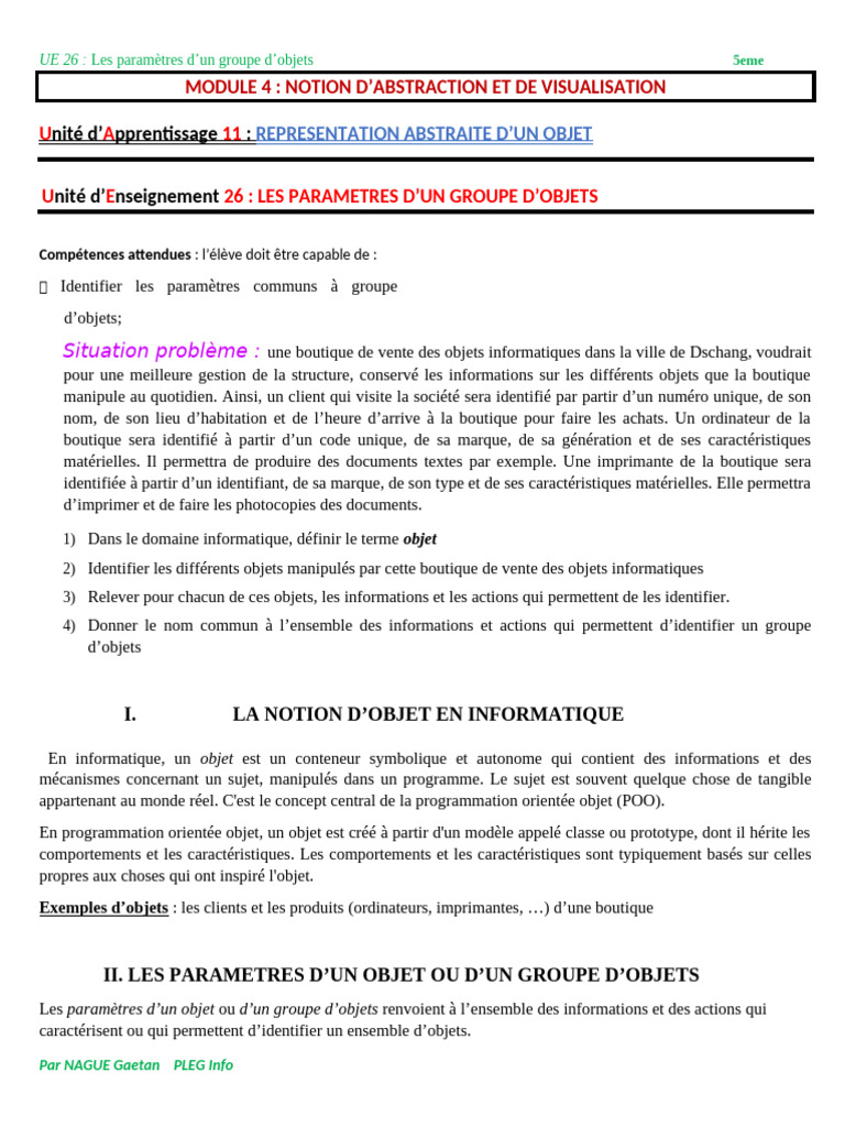 5eme UE26 LES PARAMETRES D'UN GROUPE D'OBJETS | PDF