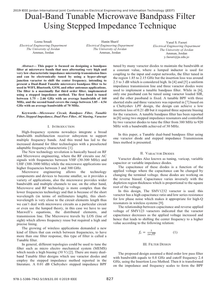 Dual-Band Tunable Microwave Bandpass Filter Using Stepped Impedance Technique | PDF
