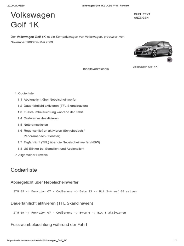 Volkswagen Golf 1K - VCDS Wiki - Codes | PDF