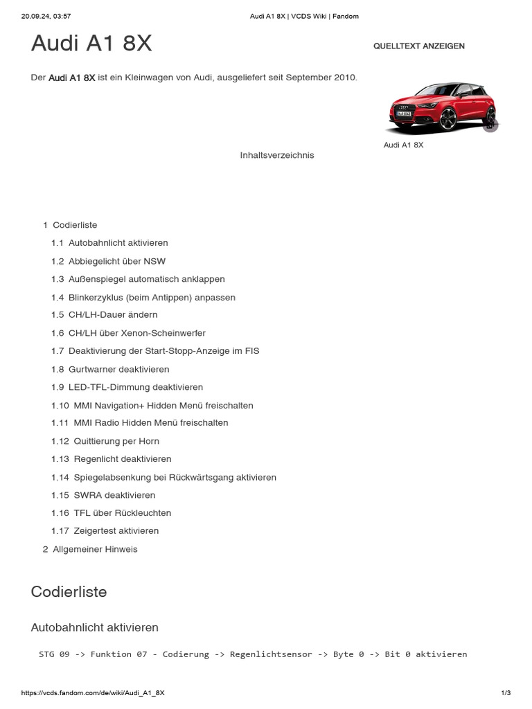 Audi A1 8X - VCDS Wiki - Codierungen | PDF