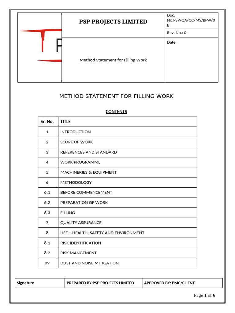 Method Statement for Filling Work | PDF | Safety | Personal Protective ...