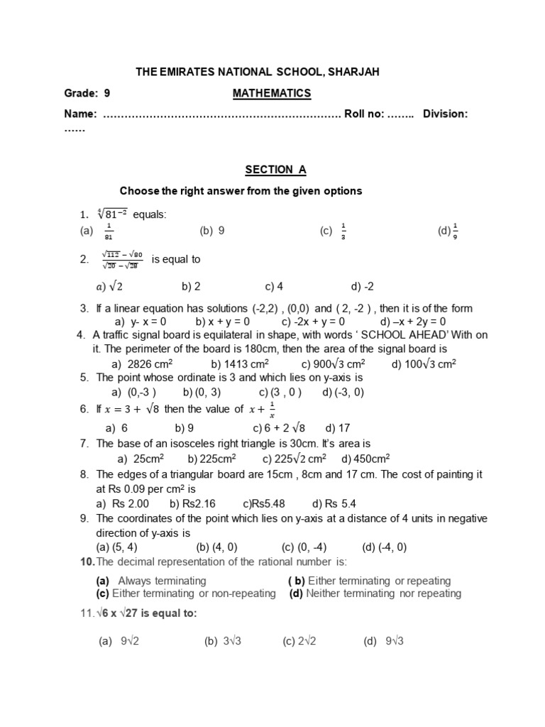 Grade 9 Maths Samplepaper | PDF
