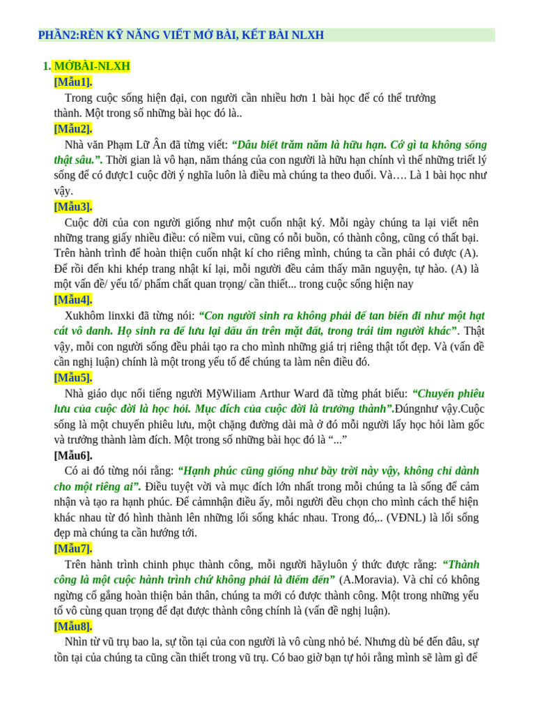 Mẫu Mở Bài, Kết Bài Nlxh | PDF