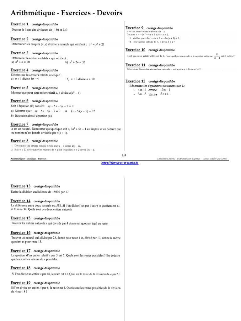 Arithmetique Exercices | PDF