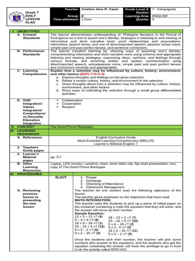 Grade 7 English Lesson Plan: Epic Analysis | PDF | Learning | Cognitive ...